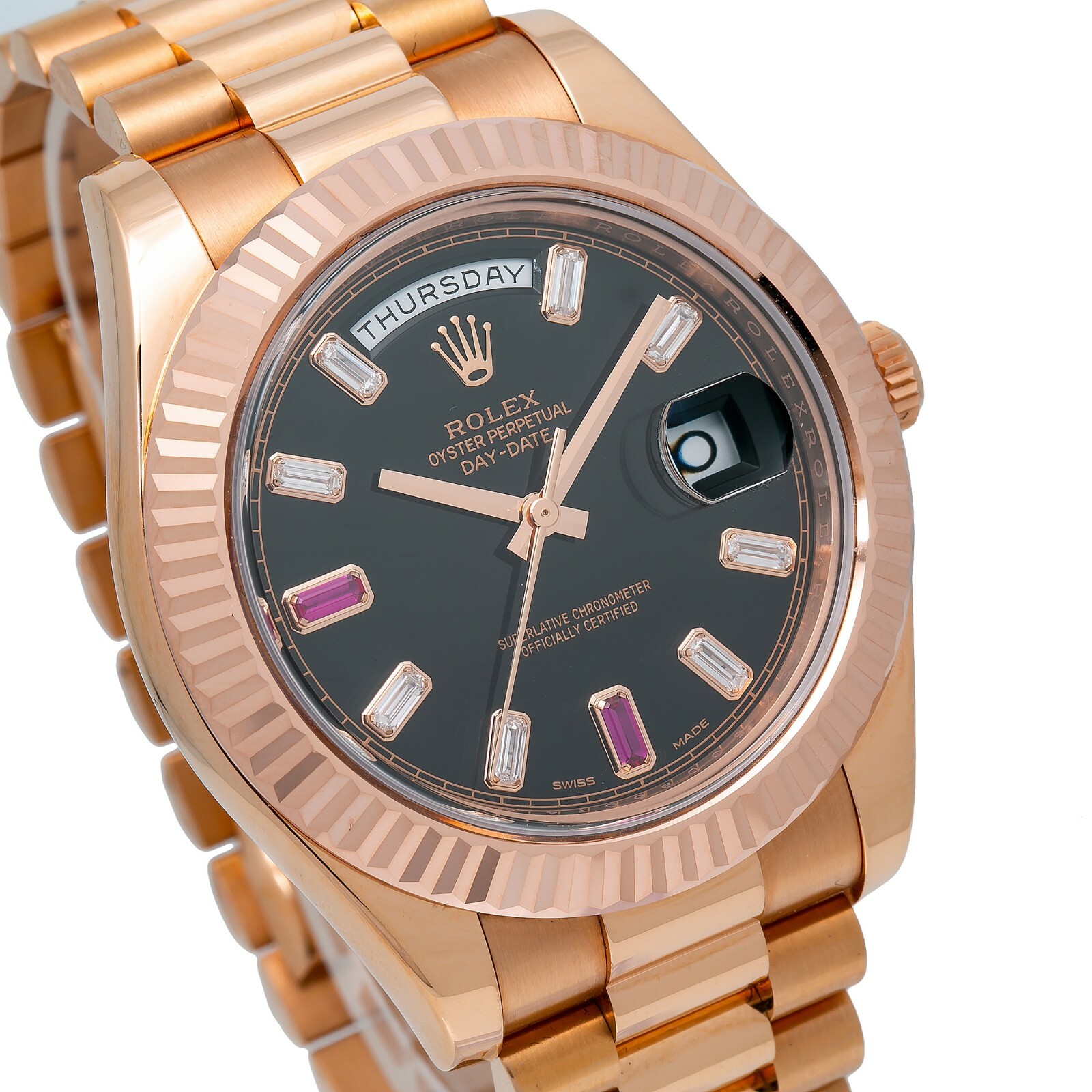 Rolex Day-Date II 41mm Black Diamond Ruby Dial Rose Gold - 218235 | eBay