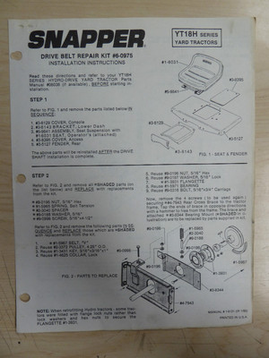 SNAPPER TRACTOR DRIVE BELT REPAIR KIT #6-0975 YT18H SERIES INSTALL ...