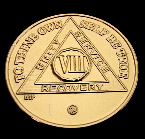 Gold Plated Alcoholics Anonymous 8 Year AA Medallion Coin Token Chip ...