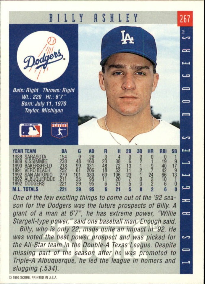 1993 Score Baseball Card #267 Billy Ashley | eBay