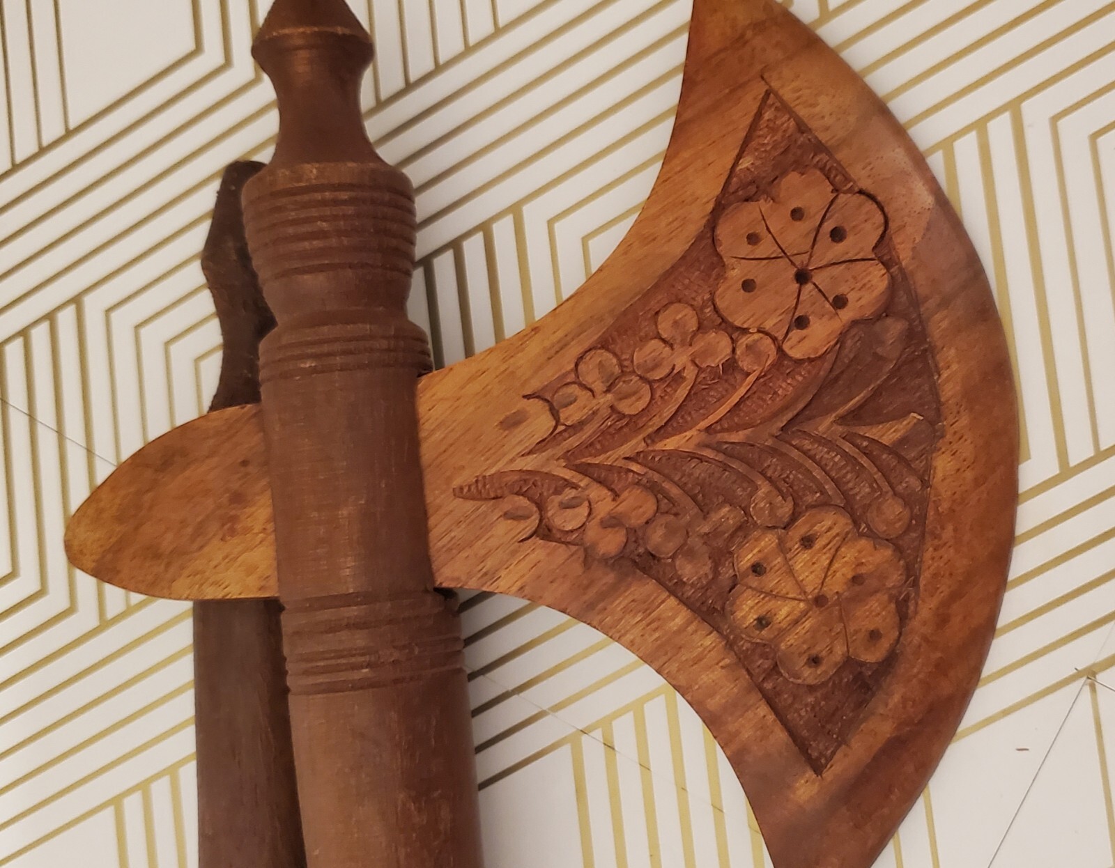 2 Vintage Ornate Carved Wood Axe Decorative Wooden Persian Style Axes ...