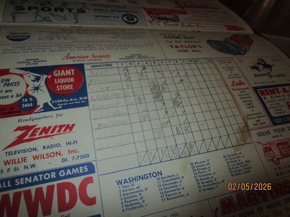 July 20 1958 Washington Senators Baseball Program vs. Chicago White Sox ...