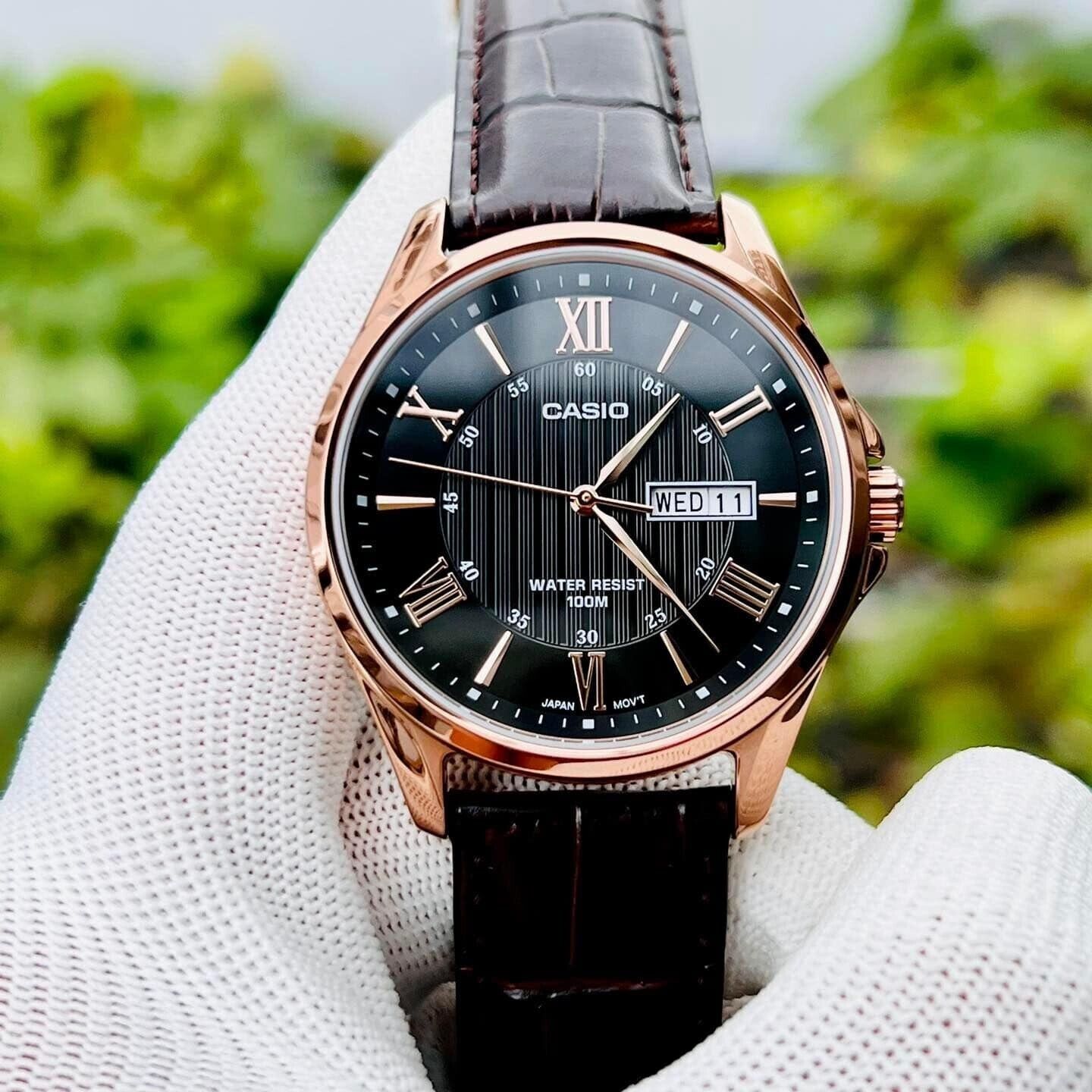 Casio MTP-1384L-1A Rose Gold Tone Case Leather Roman Numeral Men's ...