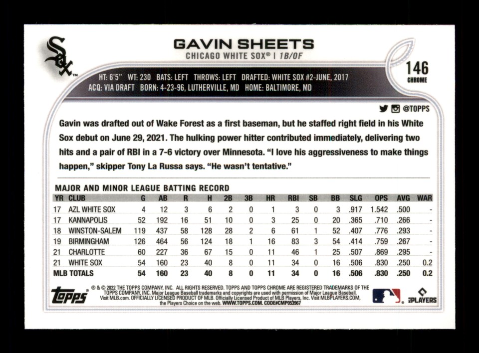 2022 Topps Chrome #38 Gavin Sheets Rookie Card RC Chicago White Sox ...