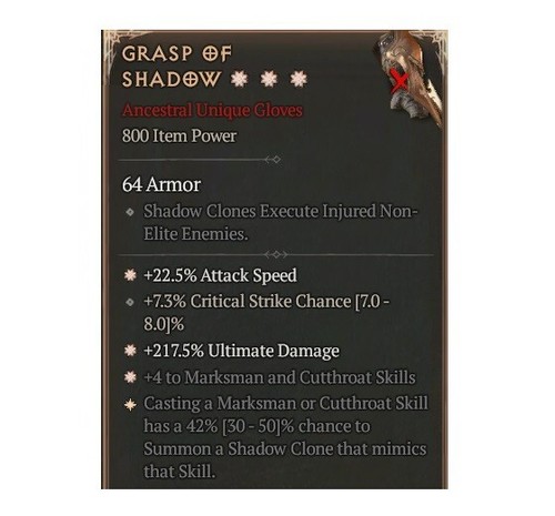 Diablo 4 S9 Grasp Of Shadow 3GA 42% Ancestral Unique Gloves Gear ...