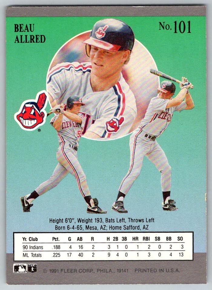 1991 Fleer Ultra Baseball Card Beau Allred #101 Cleveland Indians | eBay