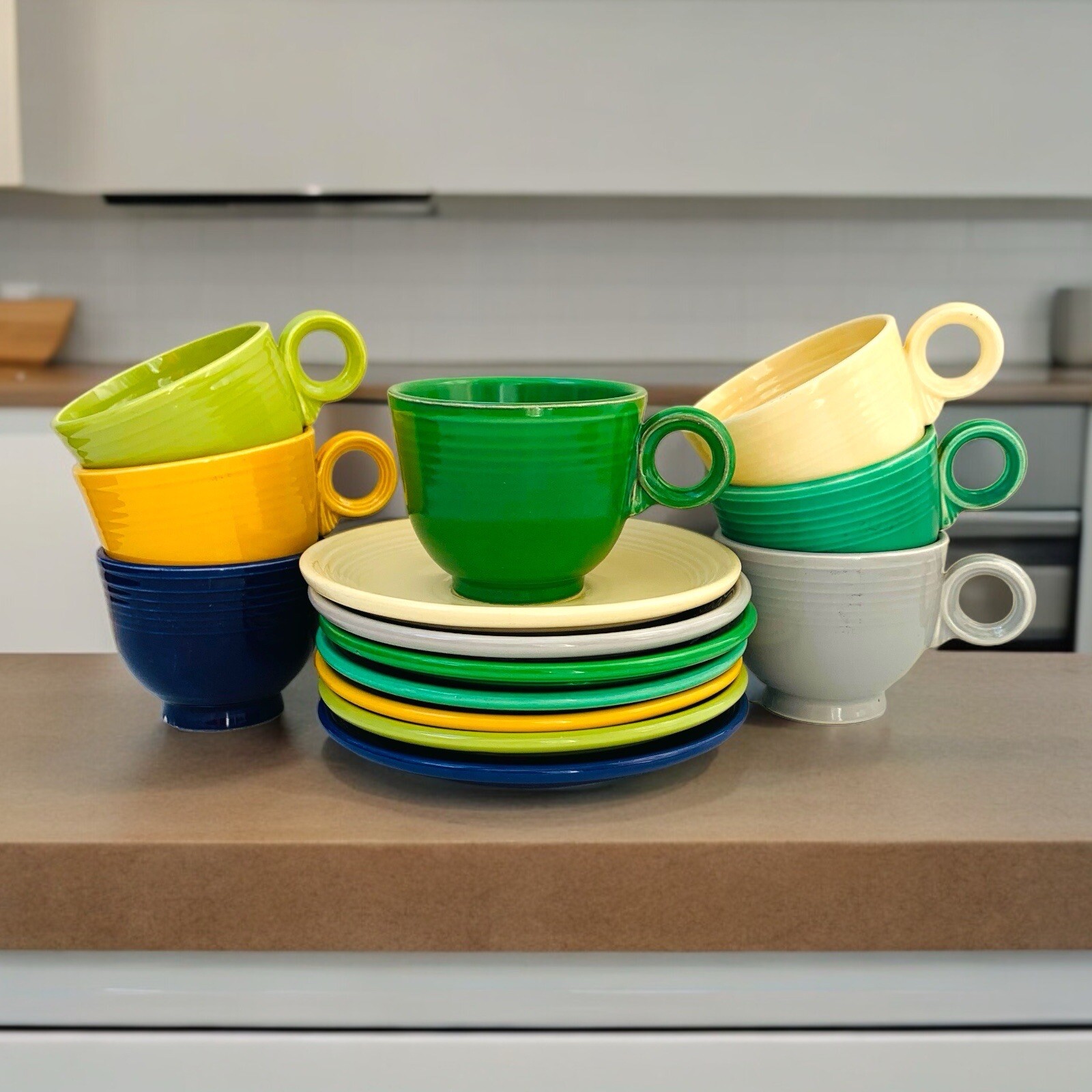 Vintage Genuine Fiesta 7 TEA CUP & SAUCER Sets Multi-Color Greens ...