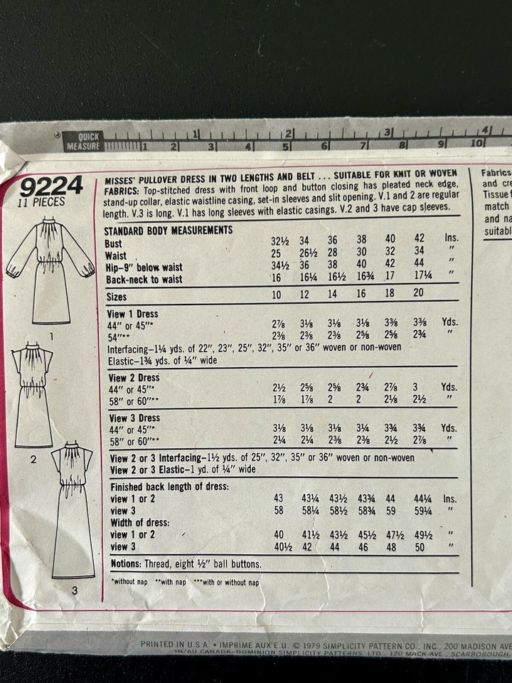 Vintage 1979 Simplicity Pattern 9224 Pullover Dress Size 12 Cut | eBay