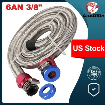 Universal 3/8" Flex Braided Steel Gas/Fuel Line Kit 1526 Anodized Clamp ...