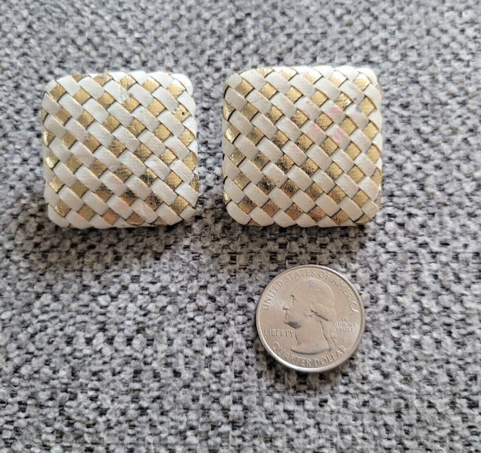 Vintage White & Gold Earrings 80s 90s Earrings Large Square Button Type ...