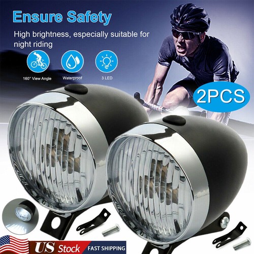 2PCS Classical Vintage Black 3 LED Bike Headlight Bicycle Light Front ...