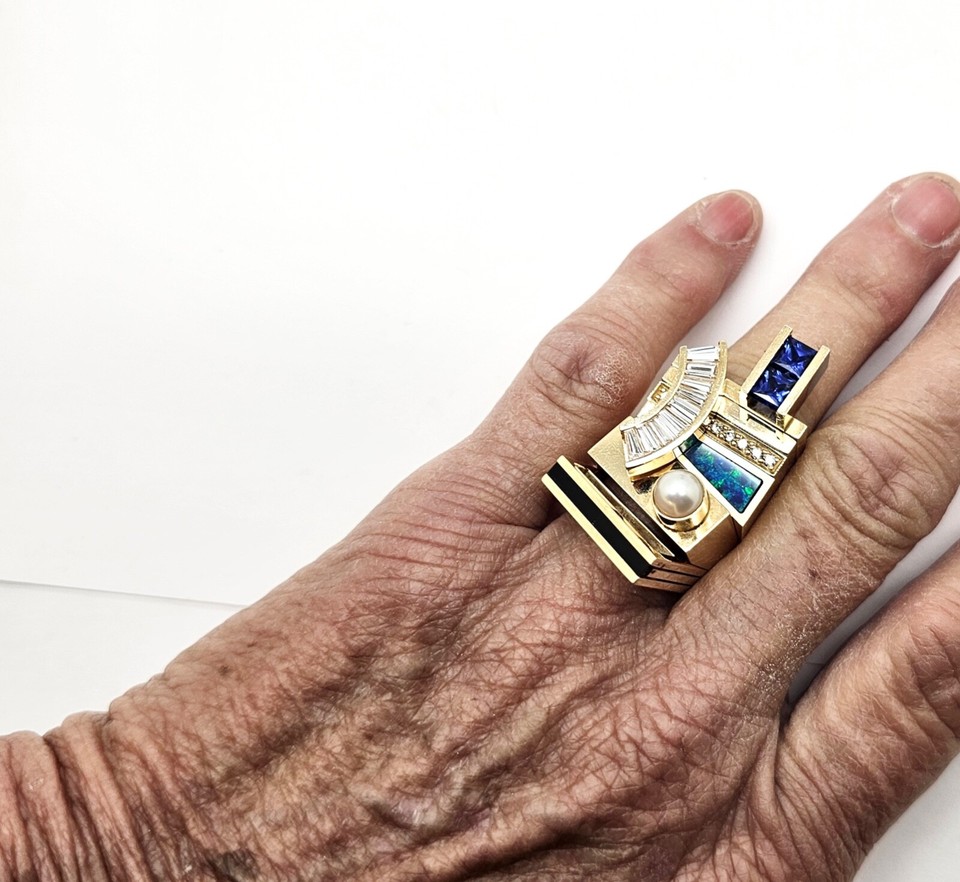 ROBERT TRISKO 14K GOLD DIAMONDS & LAB AMETHYST STACKABLE SCULPTURE RING ...