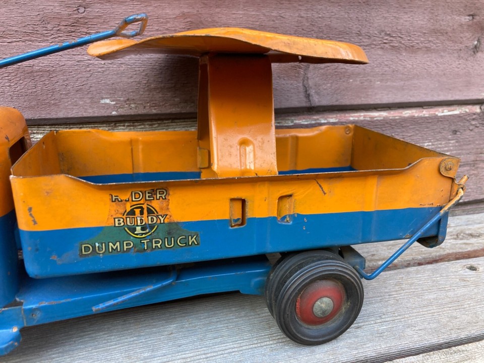 VTG ORANGE BLUE BUDDY L DUMP TRUCK RIDER w HANDLE DECALS PRESSED STEEL ...