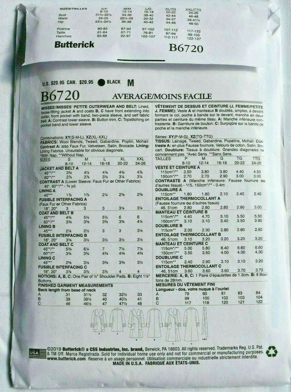BUTTERICK PATTERN 6720 COAT JACKET MISSES/PETITE SIZES SMALL MED LARGE ...
