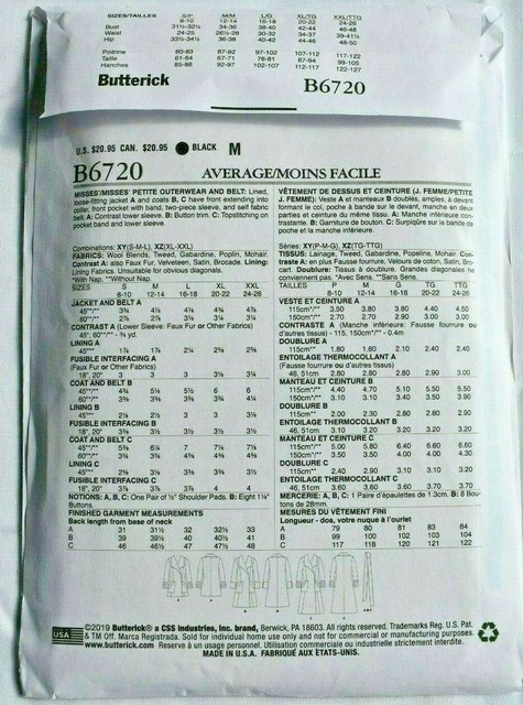 BUTTERICK PATTERN 6720 COAT JACKET MISSES/PETITE SIZES SMALL MED LARGE ...