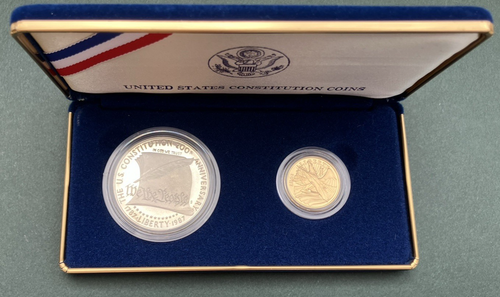 1987 U.S. Mint Constitution Coins Proof Set Silver Dollar & Gold Five ...