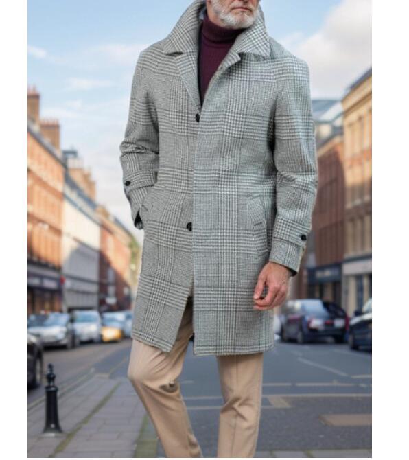 Men Fashion Checked Turn Down Collar Quilted Belt Wool Blend Coat ...