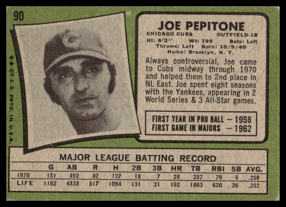 1971 Topps #90 Joe Pepitone Chicago Cubs VG-VGEX Crease | eBay