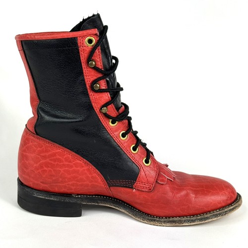 Vintage Justin Roper Kiltie Fringe Toe Lacer Black Red Boots Size 6B | eBay