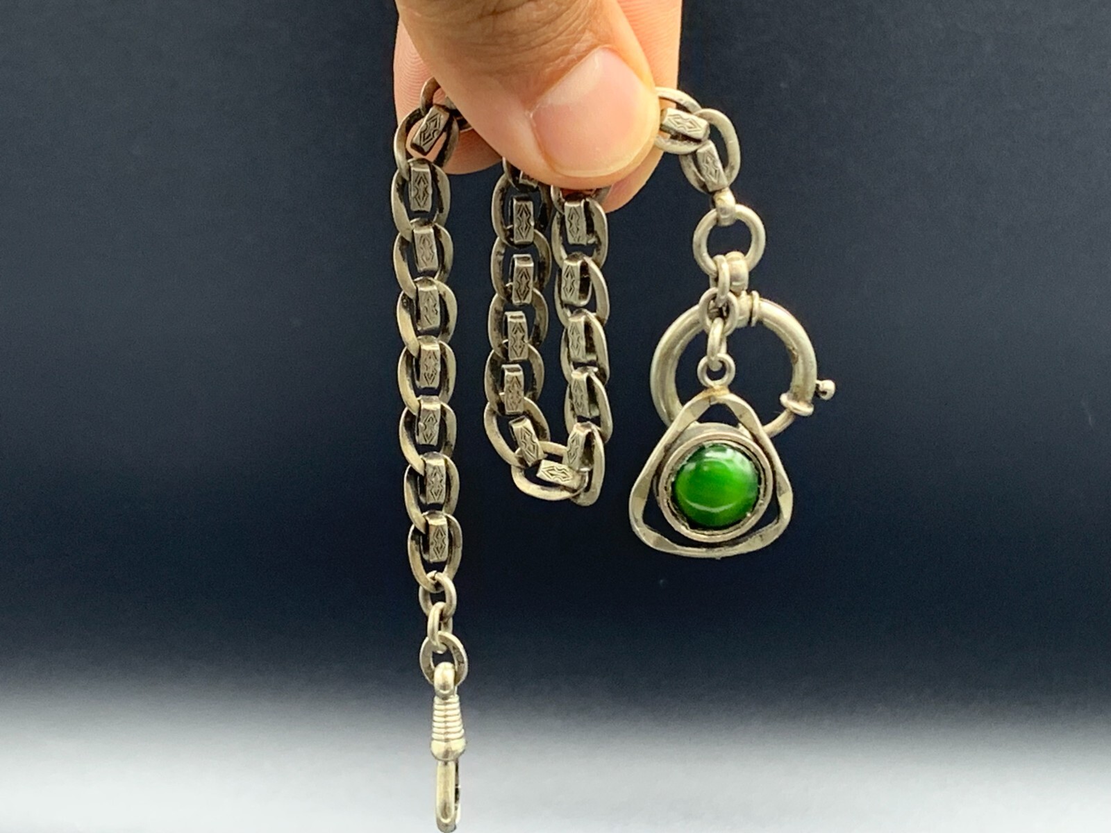 Antique German Alpaka Pocket Watch Chain Jade Green Gemstone Fob ...