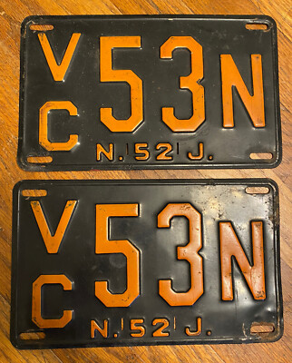 1952 52 N.J. New Jersey License Plates Matched Set Pair NJ - VC 53N ...