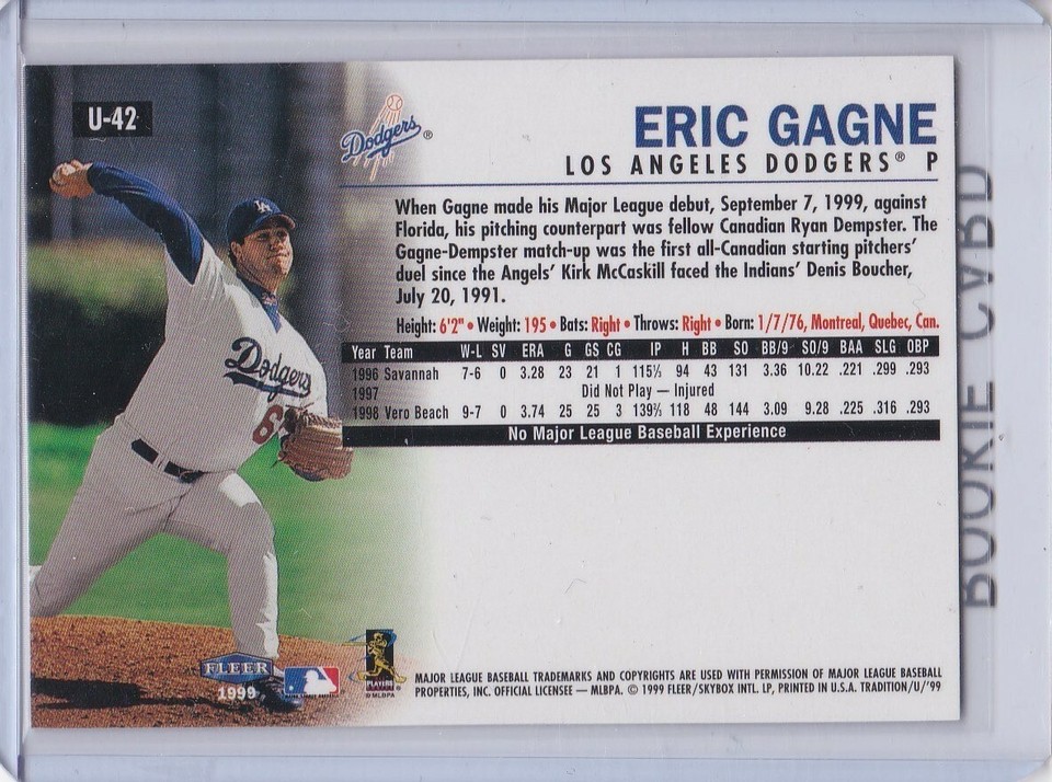 ERIC GAGNE ROOKIE CARD Los Angeles Dodgers 1999 FLEER TRADITION UPDATE ...
