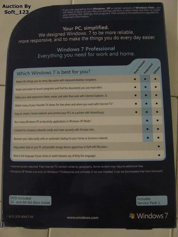 Microsoft Windows 7 Professional Upgrade 32 & 64 Bit DVDs =RETAIL BOX ...