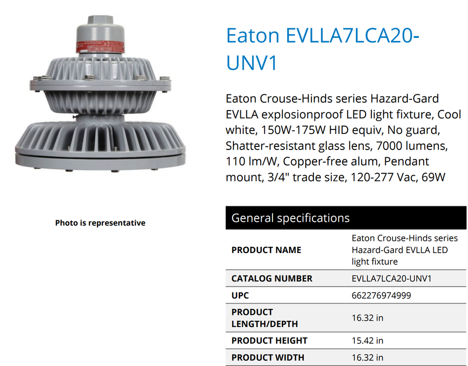 Eaton EVLLA7LCA20- UNV1 Hazard-Gard EVLLA LED light fixture | eBay