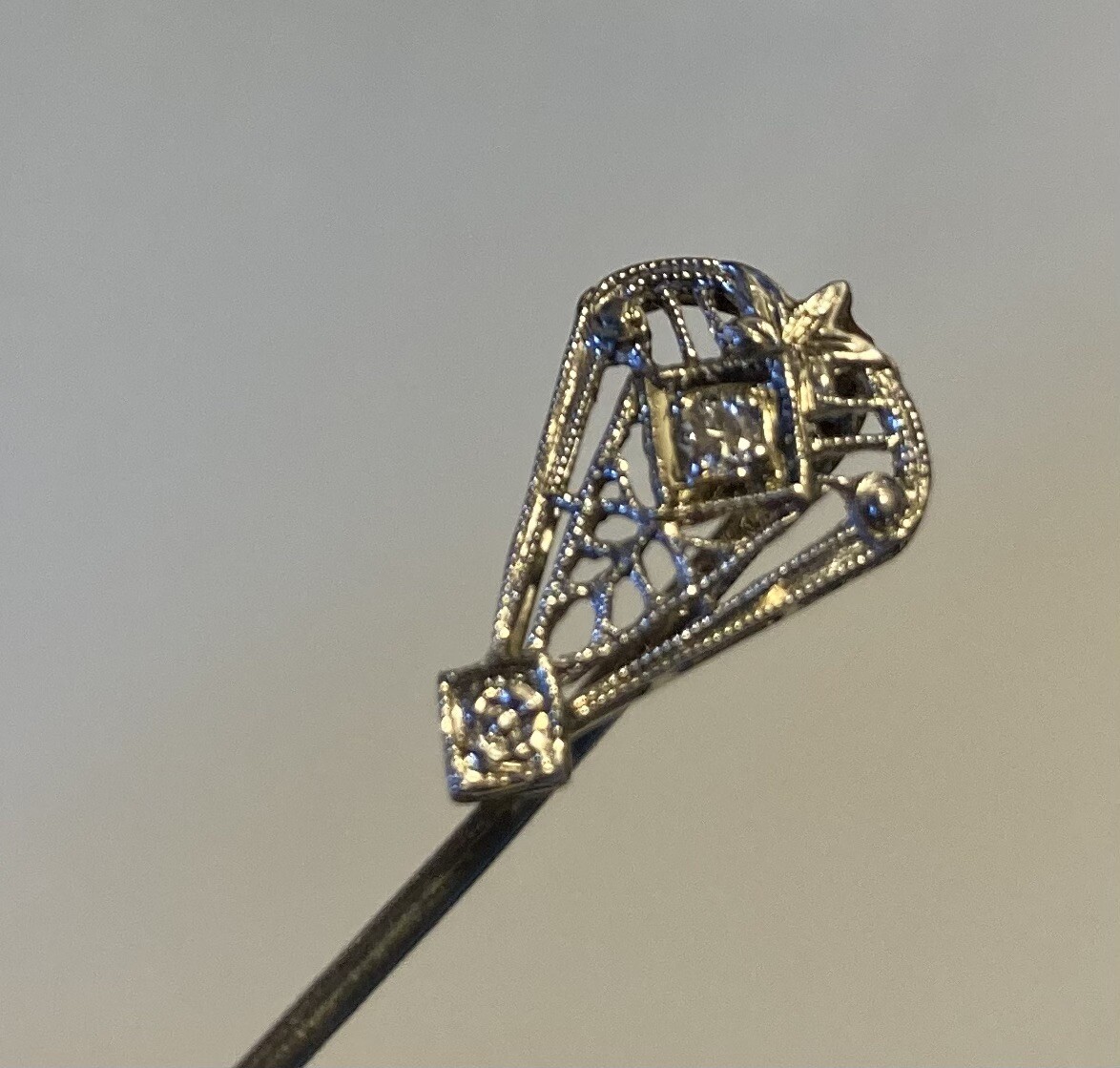 14K Gold Antique Filigree Diamond Stick Pin - Gem