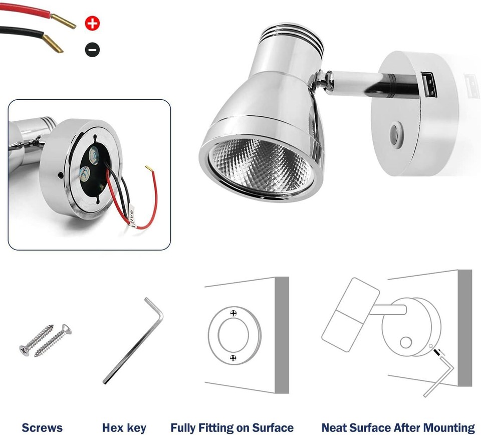 LED 12V Aluminum Swivel Wall Reading Light Interior RV Boat Motorhome ...