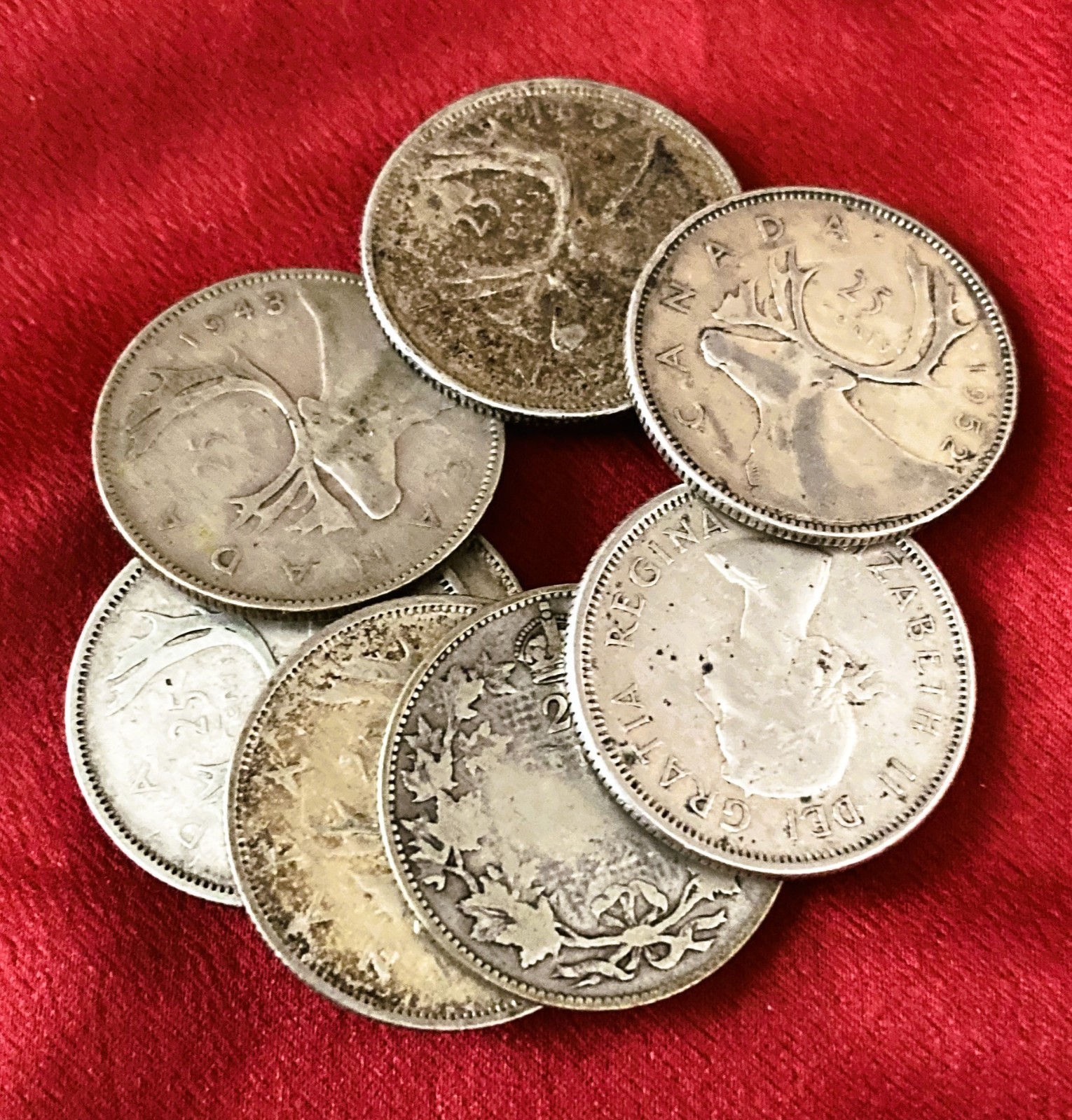 1921-1962 Canadian Quarters (80% SILVER) Lot Of "8" Starting @ $.99 NO ...