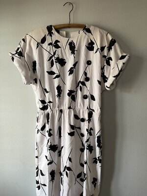 Vintage 80s PERIWINKLE Label White BLACK FLORALS Dress L To XL | eBay