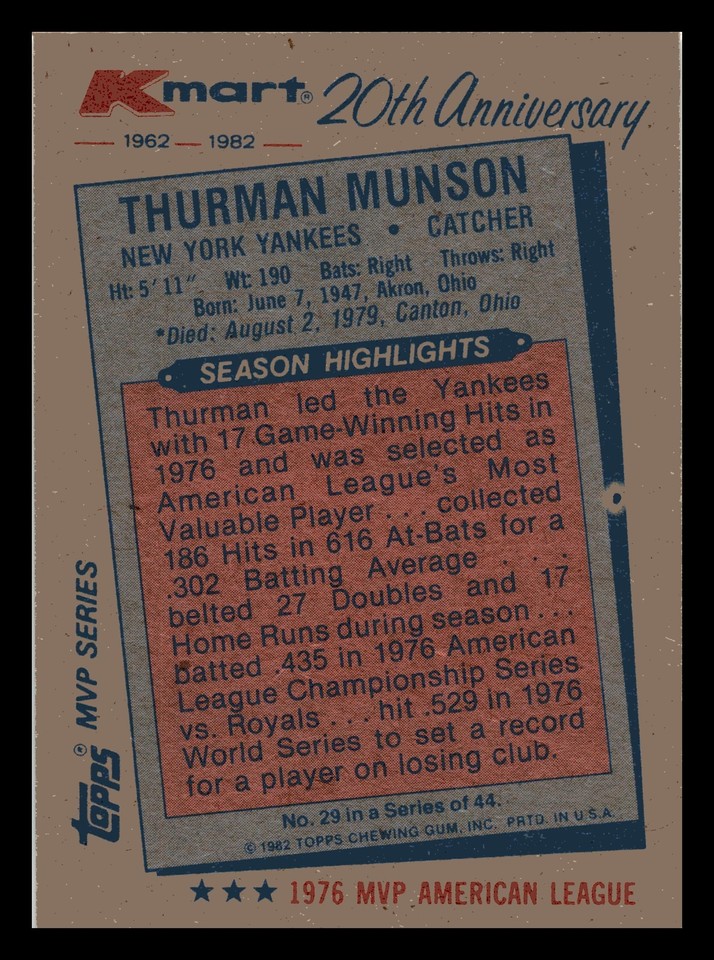 1982 Topps Kmart 20th Anniversary Thurman Munson #29 NM-MINT | eBay
