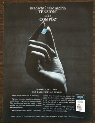 1963 Compoz Sedative Tablet for Nervous Tension Print Ad Striking Blue ...