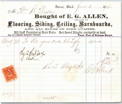 Detroit Letterhead - E.G. Allen Flooring Siding Barnboards 1870 w/ Rev ...