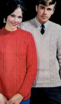 1960s Aran Honeycomb Cable His N Hers Aotea 7537 Knitting Pattern Crepe ...
