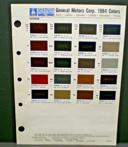 1984 GM CANADA CAR COLOR PAINT CHIP SAMPLES CHART,CORVETTE, CHEV ...