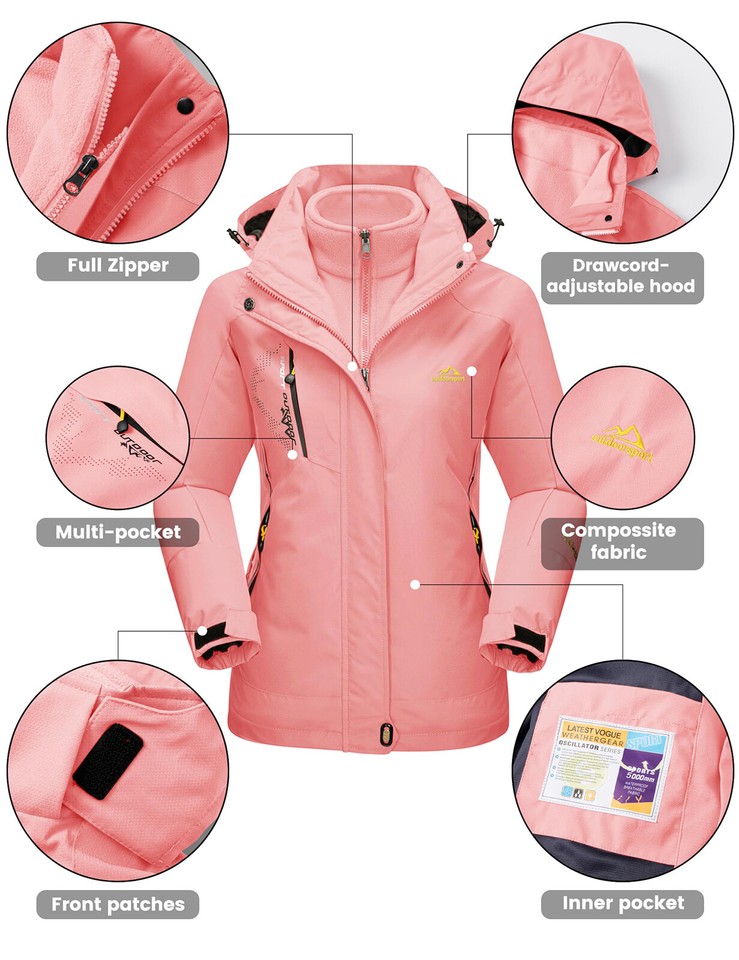 Womens 3-in-1 Winter Coat Snow Ski Jacket Waterproof Windproof Fleece ...