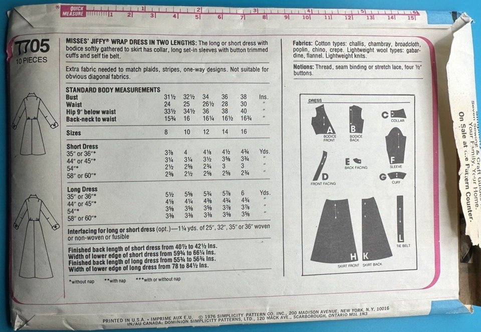 Classic Wrap Dress Pattern Simplicity 7705 Size 10 Jiffy Retro 1970's ...