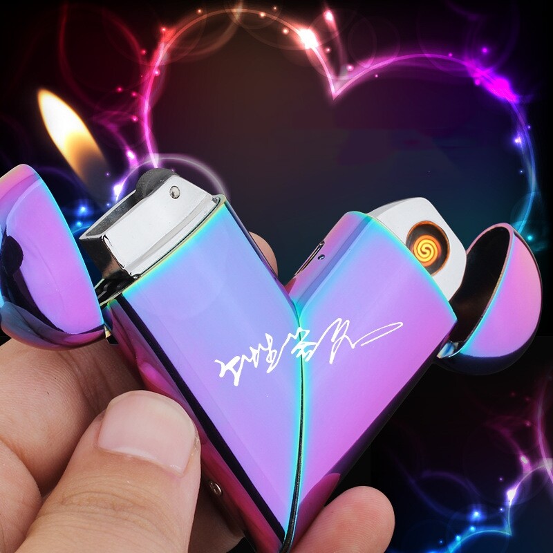 Heart Shaped Metal Lighter USB Electric Flame Windproof Butane Gas ...