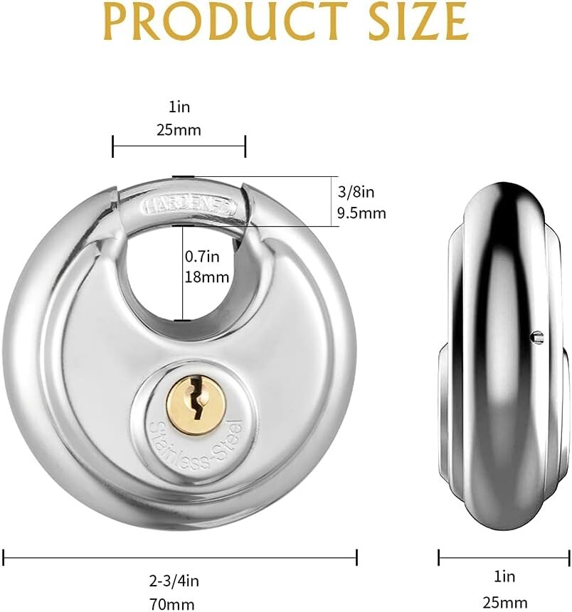 Keyed Padlock, Stainless Steel Disc Locker Lock Heavy Duty Locks with 2 ...