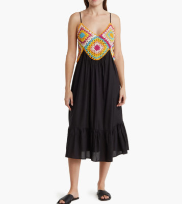 Raviya Crochet Flounce-Hem Midi Dress, Black Multi, Medium | eBay