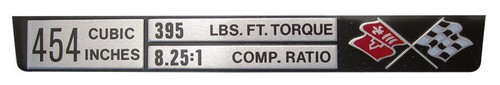 1973-1974 Corvette Console Shift Engine Data Plate LS-4 454/395/8.25:1 ...