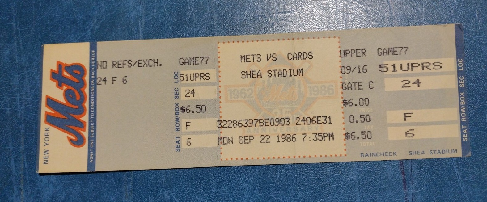 9/22/86 VINTAGE NEW YORK METS September 22nd 1986 FULL TICKET Doc ...