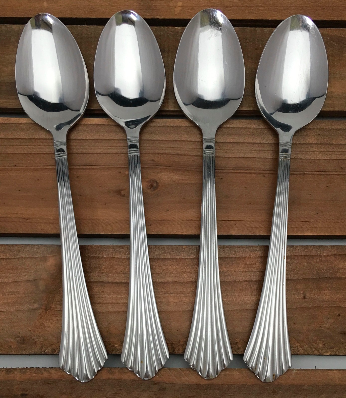 4 Farberware Heron Place Oval Soup Spoons Stainless Flatware Ridges Fan ...