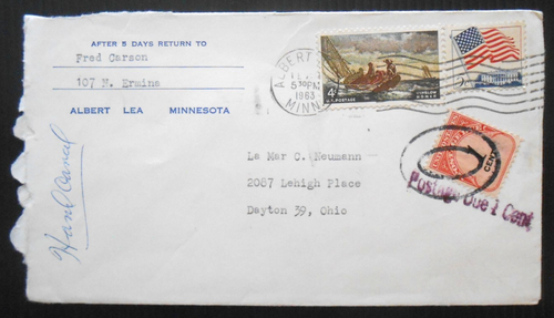 US 1963 4c + 5c stamps on cover, with 1c postage due stamp to pay short ...