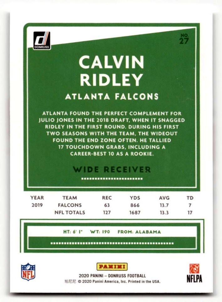 2020 Donruss #27 Calvin Ridley Atlanta Falcons Football Cards NM Nea ID ...