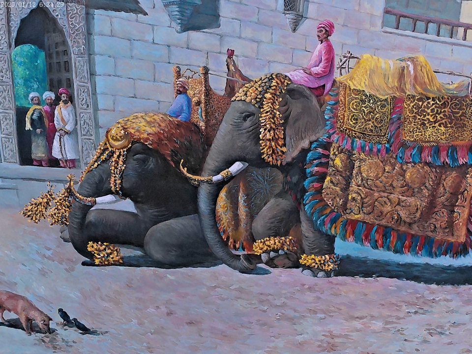 Vintage Orientalist 24x30 Oil Painting Castle 2 Elephant Elaborate ...
