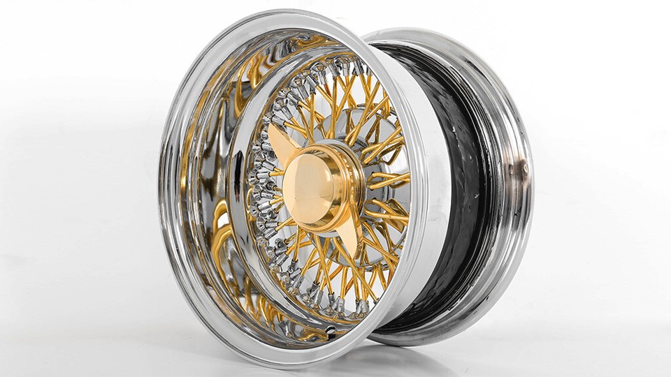 14X7" LA WIRE WHEELS REVERSE 72-SPOKE CROSS LACE CHROME/GOLD SPOKES ...