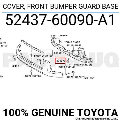 5243760090A1 Genuine Toyota COVER, FRONT BUMPER GUARD BASE 52437-60090 ...